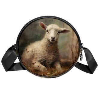 Generic Sac &agrave; bandouli&egrave;re rond pour femme, petit sac &agrave; bandouli&egrave;re vintage en forme de mouton avec fermeture &eacute;clair, bretelles r&eacute;glables, sac &agrave; main rond d&eacute;co