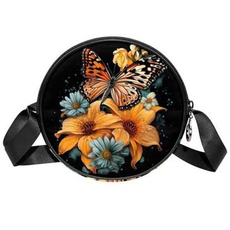 Generic Sac &agrave; bandouli&egrave;re rond pour femme, motif papillon, fleurs, petit sac &agrave; bandouli&egrave;re avec fermeture &eacute;clair, bretelles r&eacute;glables, sac &agrave; main rond d&eacute;contr