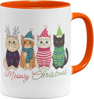 OM3 Meowy Christmas Kaffee-Tasse mit s&uuml;&szlig;en K&auml;tzchen - Weihnachtstasse 4 niedliche Katzen IV - Keramik Becher - 325ml - Beidseitig Bedruckt - Orange