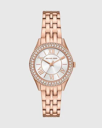 Michael Kors Harlowe Uhr aus ros&eacute;goldfarbenem Edelstahl mit drei Zeigern in Ros&eacute;gold