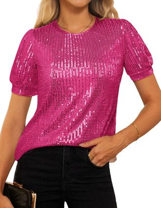 Grace Karin Damen Glitzer Tops Kurzarm Rundhals Pailletten Pullover Party Abschlussball Neon Tank Tops Rosenrot XXL