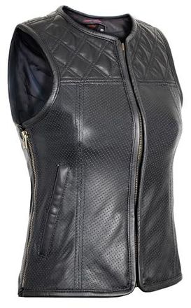 MDM Gilet de motard en cuir perfor&eacute; pour femme - &Eacute;paules matelass&eacute;es - Noir, Noir, M taille tall
