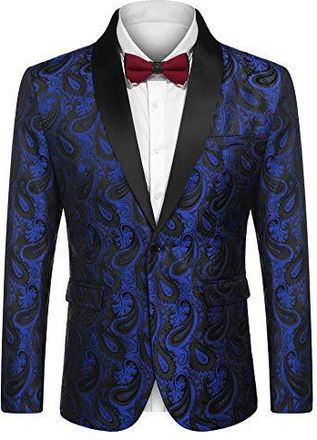 Coofandy Coofandy Blazer pour Homme, Coupe ajust&eacute;e, Motif Cachemire Floral, Bouton Unique - Bleu - L