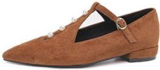 Generic Ballerines Femme T-Bar Décor Perle Talons Bas Carrés Boucle Réglable Tige Daim Confortables Durables Antidérapantes Bureau Quotidien,Marron,38.5 EU