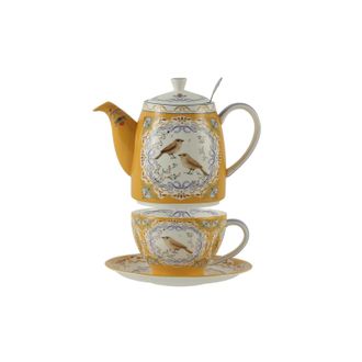 London Pottery Teekannen-Set aus Knochenporzellan, Nachmittagstee und Servierset f&uuml;r eine Person, Teekanne, Tasse und Untertasse mit Tiermuster, Vogelmotiv