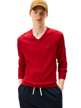 Tommy Hilfiger Herren-Pullover, Baumwolle, einfarbig, V-Ausschnitt, Leichter Pullover, Mittelrot, Klein