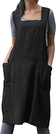 ORANDESIGNE Tablier à Bavette en Lin Robe Mi-Longue Femmes sans Manches Couleur Unie Croisé Licou Tablier Mini Robes Lâche Longue Chemise Débardeurs avec Poches T