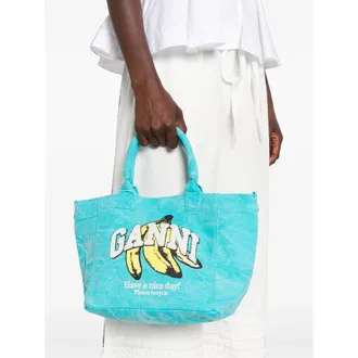 Ganni Logo-Print Recycled Cotton Tote Bag - Blue