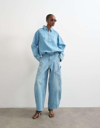 Topshop Jean ample fonctionnel &agrave; taille haute - Bleu d&eacute;lav&eacute;