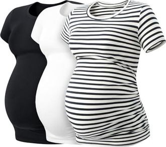 Lapasa Lot de 3 T-Shirts de Maternité Femme Vêtements de Grossesse Maillot de Corps Enceinte Manches Courtes L55 1 Noir, 1 à Rayures Bleu Marine, 1 Blanc Cas