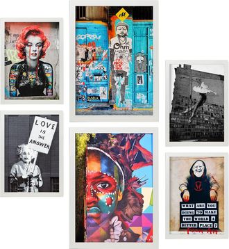 Nacnic Satz von 6 Bilder Graffiti. &Auml;sthetische Wandkunstdrucke f&uuml;r Schlafzimmer oder Wohnzimmerdesign. Gr&ouml;&szlig;en A3 & A4. Mit wei&szlig;er Rahmen