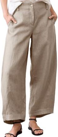 Generic Pantalon d&eacute;t&eacute; &agrave; jambe large pour femme - Taille haute - En lin - L&eacute;ger - Jambe droite - Pour affaires, bureau, travail, palazzo - Braguette &agrave; boutons 
