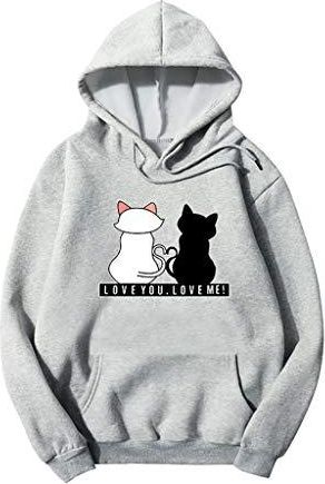 Generic Sweat &agrave; capuche &agrave; manches longues avec cordon de serrage et poche pour femme Motif chat, gris, 3XL