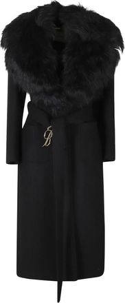 Blumarine Manteau ceintur&eacute; &agrave; col en fausse fourrure - Femme - Manteaux - Noir - Taille: 36 FR