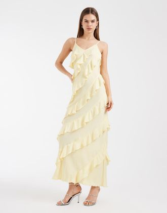 Vero Moda Maxi-Tr&auml;gerkleid in Blassgelb mit asymmetrischem Schnitt und R&uuml;schen
