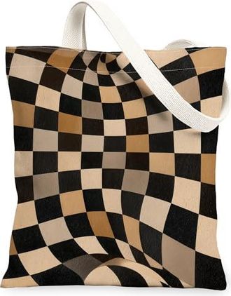 Generic Sacs fourre-tout modernes en toile &agrave; carreaux, motif g&eacute;om&eacute;trique artistique, sacs d&eacute;picerie r&eacute;utilisables, polyvalents, l&eacute;gers et lavables, beige, 13x