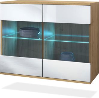 Vladon Kommode Bari V3, Moderner K&uuml;chenschrank mit 2 gro&szlig;en Glast&uuml;ren inkl. RGB Beleuchtung Eiche Evoke/Wei&szlig; Hochglanz (92,5 x 73.5 x 35)