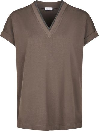 Brunello Cucinelli Femme, Tops, Brun, Taille: 44 FR T-shirt &agrave; col en V orn&eacute; de Monile