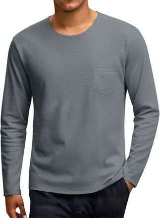 Generic Chemise de pyjama en coton pour homme - Haut uni &agrave; manches longues - Col rond - Coupe ample - Confortable - Respirant - V&ecirc;tements de sport pour lint&eacute;r