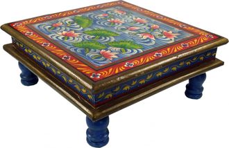 Guru Shop Bemalter Kleiner Tisch, Minitisch, Blumenbank - Seerose Blau/rot, 16x38x38 cm