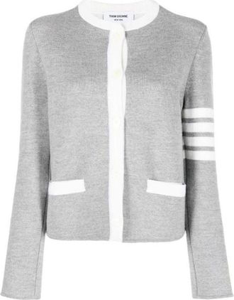 Thom Browne Femme, Pulls, Gris, Taille: 32 FR Cardigan en Laine avec Design 4-Barres