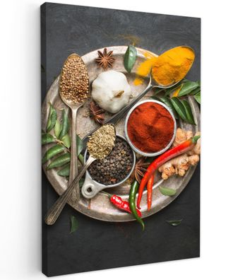 MuchoWow Leinwand Bilder, Einzigartige Wanddeko mit Rahmen, Gew&uuml;rze - Teller - Pfeffer - Schwarz - L&ouml;ffel - Silber, Wandbilder Wohnzimmer, Deko Schlafzimmer 60