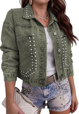 Generic Veste en jean courte pour femme avec rivets, style d&eacute;contract&eacute;, manches longues, clout&eacute;e, d&eacute;lav&eacute;e, l&eacute;g&egrave;re, id&eacute;ale pour le printemps et lautomne, vert 