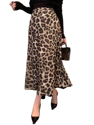 SOLY HUX Damen Rock Elegant Langer Röcke mit Leopard Muster Freizeitrock A Linie Midirock Hohe Taille Partyrock Festival Outfit Leorock Leoparden XL
