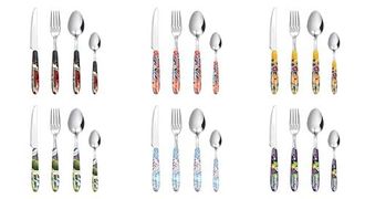 Excelsa Kimono Lot de 24 couverts multi-d&eacute;cor, en acier inoxydable, manche en plastique