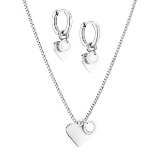 Liebeskind BERLIN Schmuck-Set - Creolen mit Herz- und Pl&auml;ttchen-Anh&auml;nger und passende Halskette - Silber - Venezianerkette verstellbar bis 45 cm - wasserfest & h