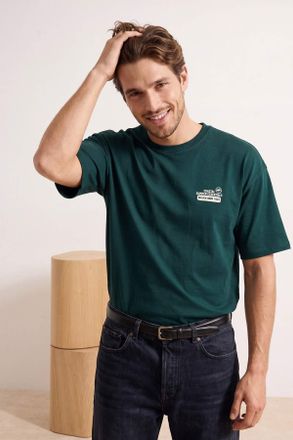 Trendyol MAN Herren Gr&uuml;n Slogan Kurz Oversize T-Shirts
