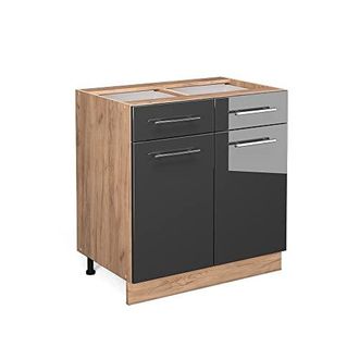 Vicco Meuble Cuisine Fame-Line, Anthracite Haute Brillance/Ch&ecirc;ne de Force dor&eacute;, 80 cm avec tiroir, sans Plan de Travail