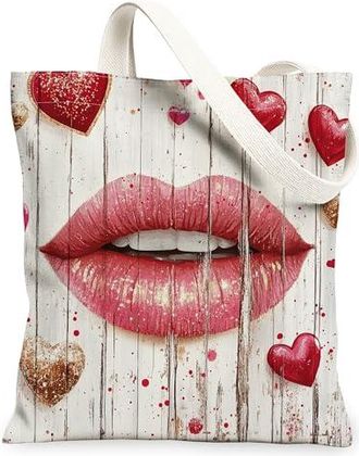 Generic Sacs fourre-tout en toile motif coeurs, imprim&eacute; baiser romantique, sacs d&eacute;picerie, sacs d&eacute;picerie r&eacute;utilisables, l&eacute;gers et lavables en toile pour le s