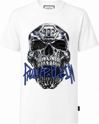 Philipp Plein Homme, Tops, Blanc, Taille: S T-Shirt Col Rond Ss Skull