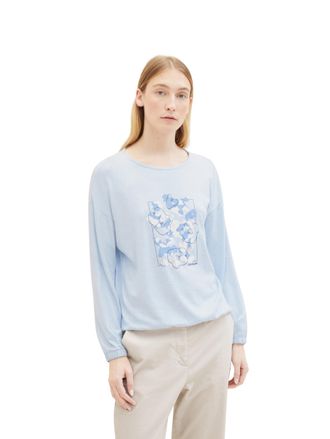 Tom Tailor Damen Basic Langarmshirt mit Print, 34910 - Light Fjord Blue Melange, XXXL