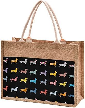 Mnsruu Sacs à provisions en jute avec poche avant en toile, sac fourre-tout réutilisable à motif, A005., 30x15x22cm