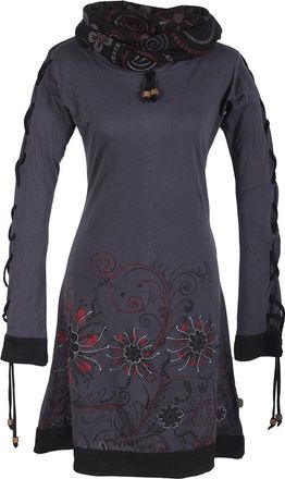 vishes Alternative Bekleidung - Bedrucktes Langarm Damen Blumen Kleid mit Schalkragen und Schn&uuml;ren grau 38-40