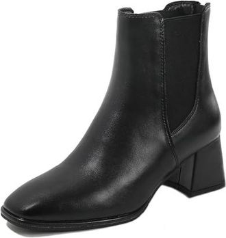 Dadawen Bottines à Talon Carré Haut Femme Bottes Cuir Stretch -Noir 38