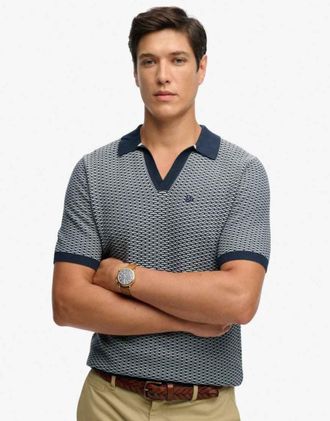 Superdry Johnny - Polo en maille jacquard avec col - Bleu marine temp&ecirc;te
