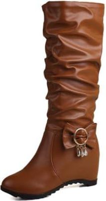 Generic Bottes Hautes élégantes pour Femmes Bout Rond avec noeud décor Charme Talons compensés en Similicuir décontracté Chaussures de fête Quotidiennes,Marro