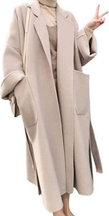 Onsoyours Longue Manteau en Laine Fendu Le Côté Ceinture Manches Longues Oversized Femme Blouson Beige XXL
