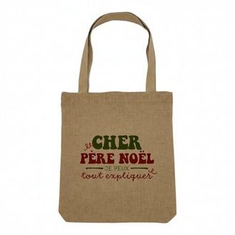 Fabulous Sac Shopping Tote Bag Aspect Lin - Cher P&egrave;re Noel Je Peux Tout Expliquer Noel Hiver Cadeau - Sac de Courses Toile Epaisse 360g Beige Naturel Cabas Por