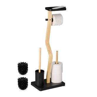 Relaxdays WC Garnitur, Bambus, HBT: 80x30x20 cm, freistehender Klopapierhalter, Ablage, Toilettenbürste, schwarz/Natur