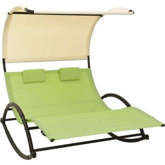vidaXL Vidaxl - Chaise longue double avec auvent textil&egrave;ne vert et cr&egrave;me