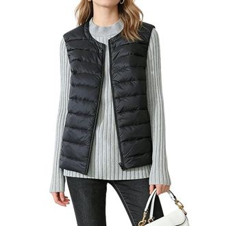 Generic Gilet dhiver pour femme grande taille, l&eacute;ger et compressible, matelass&eacute;, sans manches, col rond court, noir, taille 6XL