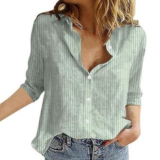 Generic Chemisiers en coton et lin pour femme - Manches 3/4 - Col en V - Chemisier basique pour le travail de bureau, Vert, 4XL