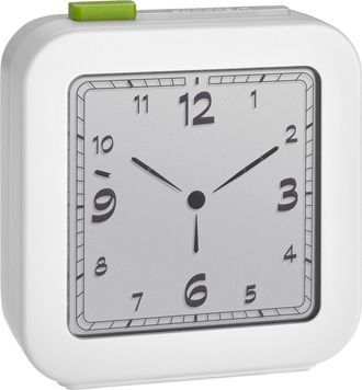 TFA Dostmann Digitaler Funk-Wecker, 60.2556.02, analoge Anzeige, Reisewecker, Alarm mit Snooze-Funktion, Hintergrundbeleuchtung, weiß, L80 x B40 x H120 mm