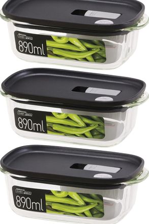 LocknLock LOCK & LOCK Frischhaltedosen aus Glas - 3er Vorratsdosenset - eckig - mit Deckel für Backofen, Mikrowelle & zum Einfrieren - 890 ml