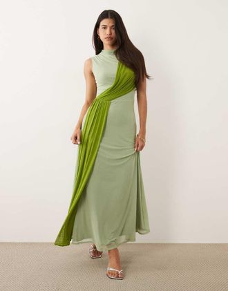Asos Robe longue en tulle effet color block avec d&eacute;tail fa&ccedil;on foulard - Vert sauge