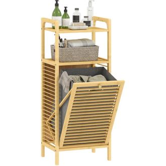 HOMCOM Meuble de rangement &agrave; linge - HOMCOM - avec &eacute;tag&egrave;re, panier &agrave; linge basculant, porte &agrave; lattes - bambou - effet bois naturel
